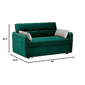 Velvet Upholstered Loveseat Sleeper Sofa w/Side Storage Pockets, 54'' 2-Seaters Sofá with Pull-Out Couch Bed with 2 Pillows & Adjustable Backrest for Living Room Apartment Office Compact Space, Green