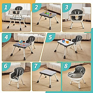 Baby High Chair, 8 in 1 Convertible High Chairs for Babies and Toddlers, Baby High Chair with Double Removable Tray, Infant Booster Seat, Building Block Table, Kids Stool Table Set (Gray)