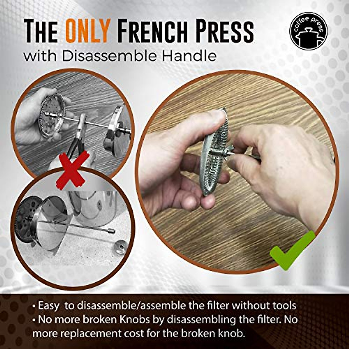 coffee press French Press Coffee Maker with 2 Extra Screens, 34oz, French Press Stainless Steel 304 Grade, Easy Disassemble Design Double Filter, Thick Heat Resistant Glass Pot