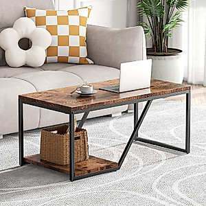 2-Tier Industrial Rectangle Rustic Coffee Table for Living Room Small Spaces, Living Room Center Table with Storage Shelf and Stable Metal Simple Modern Open Design, Easy Assembly, Adjustable Feet