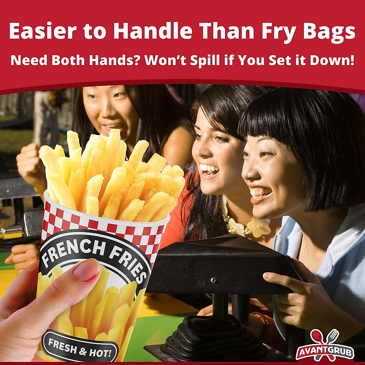 Durable Greaseproof Paper French Fries Cups 50 Pk. Handheld Size Sturdy Red Checkered Fry Containers Hold 12oz of Food! Great for Movie Nights, Party Meals, Carnival Snacks and Food Trucks!