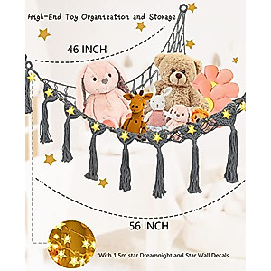 Salamanda Stuffed Animal Net or Hammock with wall decal and star LED Light, Boho Toy Hammock Hanging Stuffed Animal Storage Net Organizer Holder for Bedroom, Nursery (A-Grey)