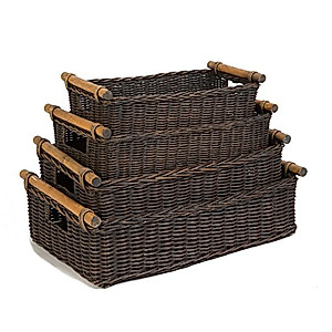 The Basket Lady Low Pole Handle Wicker Storage Basket, Extra Large, 21.5 in L x 14.5 in W x 6.5 in H, Antique Walnut Brown