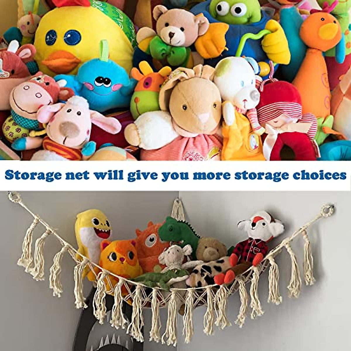 2 Pack Stuffed Animal Net or Hammock with Led Light stuffed animal hammock Boho Plush Stuffed Animal Holder Hanging Storage Nets Kids Bedroom, 45" x 45" x 60", White