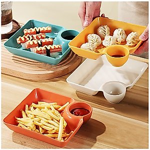OLizee® Chip and Dip Serving Set of 4 Divided Serving Platter/Tray for Party Plastic Dip Bowls Set Soy Sauce Dish/Bowls Square Japanese Sushi Plates for Dessert Salad Salsa Nacho Snacks 7in