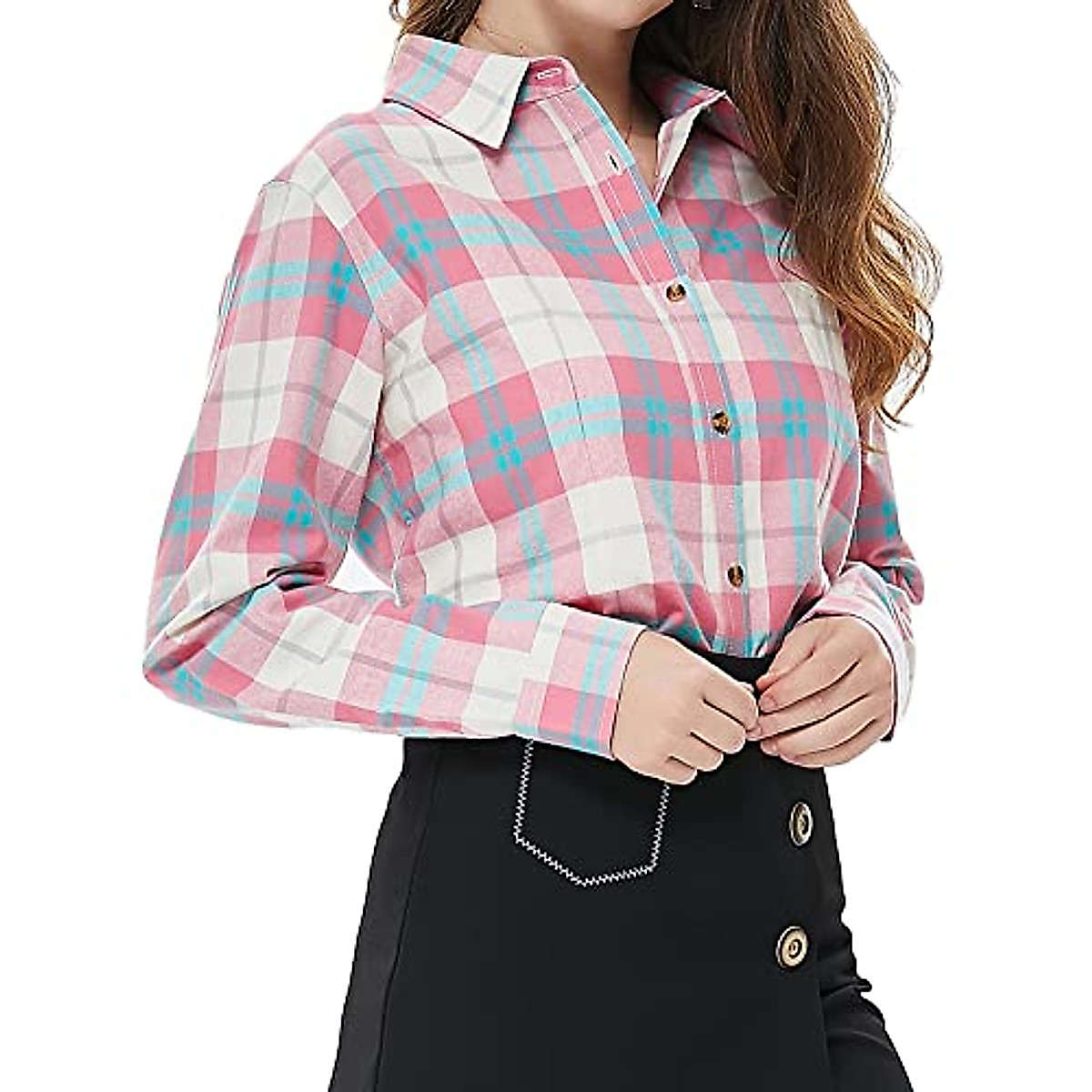 Beninos Women's Flannel Plaid Button Down Shirt Casual Blouses (4037 Pink, M)
