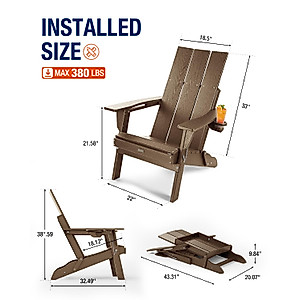 POWERWOOD Modern Adirondack Chair, Oversized HDPE Folding Adirondack Chairs Wood Texture, Higher Back Weather Resistant Adirondack Chair Set with Cup Holder, Fire Pit Chairs for Outdoor Patio (Teak)