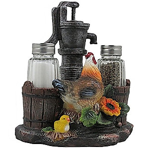 Farm Chicken and Old Fashioned Water Pump Glass Salt and Pepper Shaker Set with Holder Figurine in Country Kitchen Rooster Decor, Sculptures and Statues and Rustic Gifts for Farmers