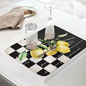 Dish Drying Mats Yellow Lemon Fresh Fruit Farm Absorbent Fast-Drying Kitchen Dishes Pad Black White Plaid Dish Draining Mat Washable Dish Drainer Rack Mats for Kitchen Counter 16x18 Inch