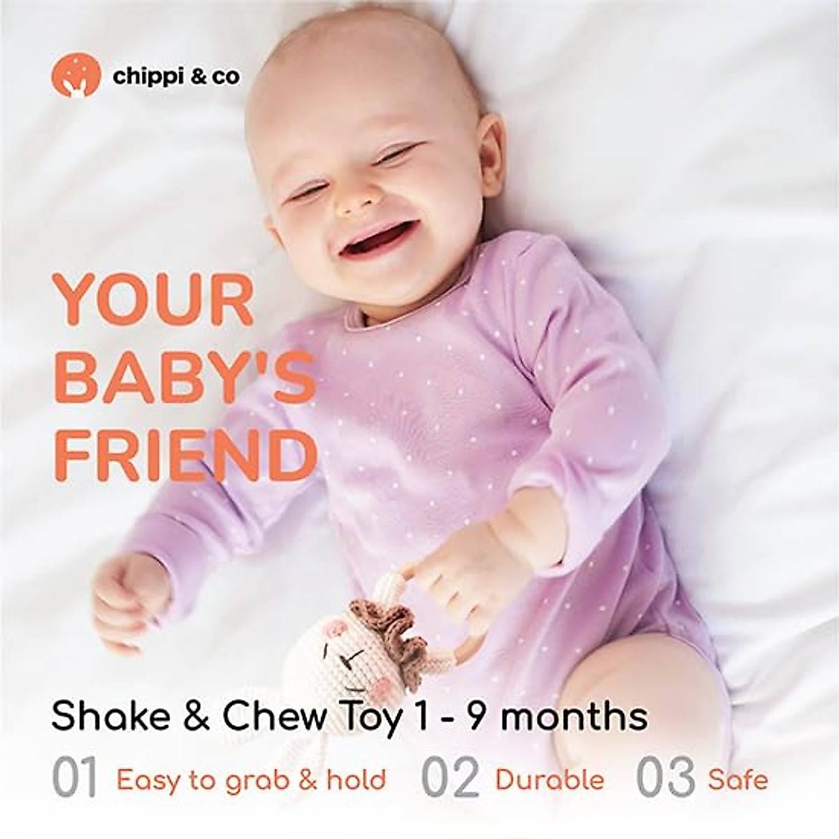 Chippi & Co Wooden Crochet Baby Rattle, Crochet Baby Toys Stuffed Animals Easter Gifts for Kids, Wooden Newborn Toys, Easter Basket Stuffers, Basket Filler, Bunny Decor (Ruffles The Sleepyhead Bunny)