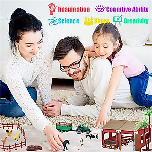 BOLZRA Mini Barn Farm Toys Playset, 66PCS Plastic Animals Figurines and Fence Farm Playset, Farm Figures Farmer Vehicle Toy Truck with Trailer for 3-12 Years Old Kids Boys Girls Toddlers