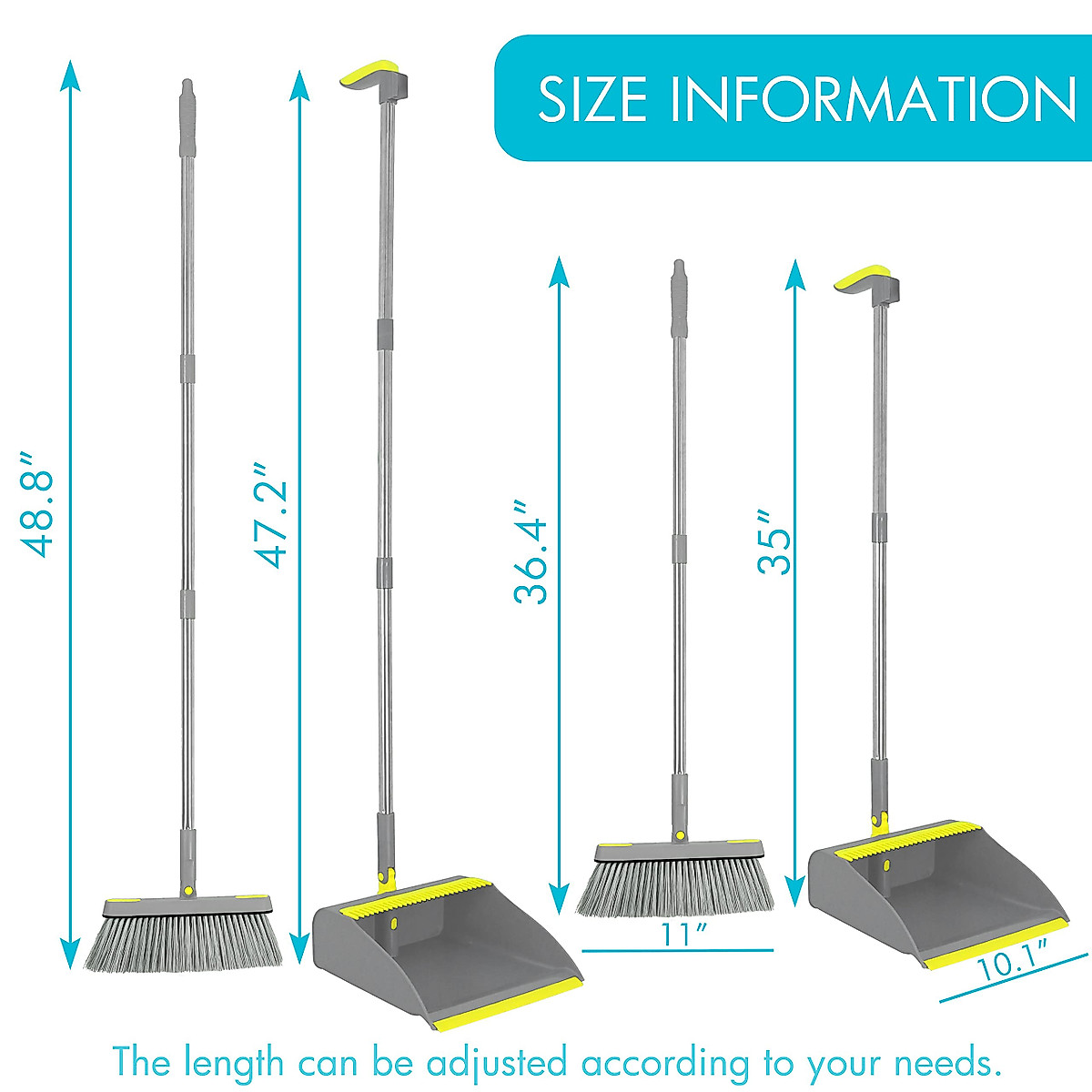 PHYEX 2-Pack Broom and Dustpan Combo Set, 48" Long Adjustable Handle Stand Up Dustpan with Self-Cleaning Teeth, Ideal for Home, Office, Kitchen, Indoor & Outdoor Use, Grey