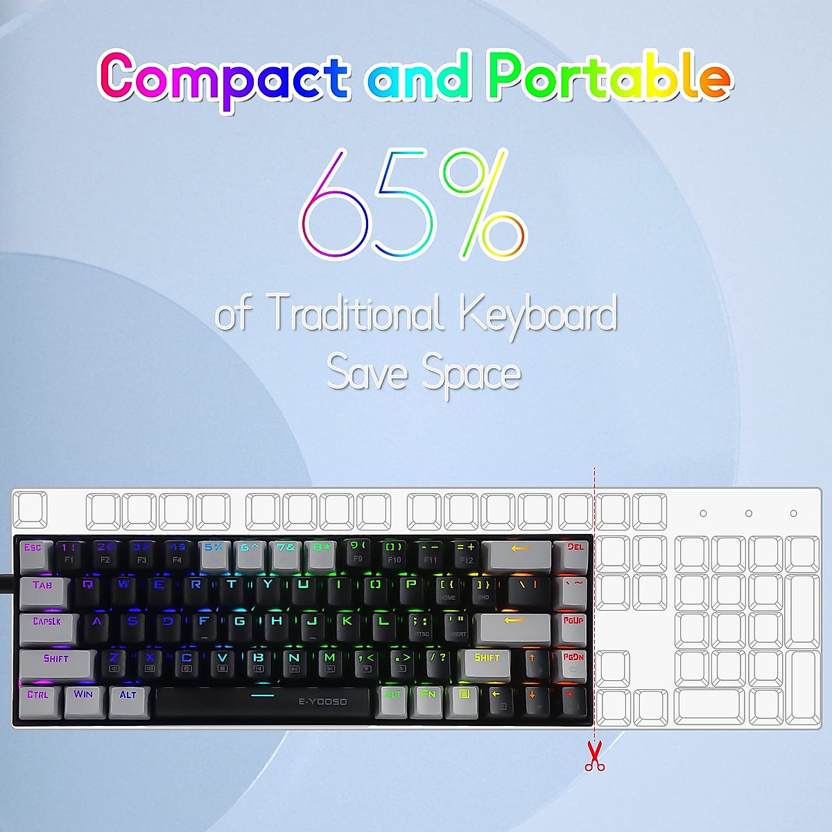 HUO JI 65% RGB Gaming Keyboard, E-YOOSO Z-686 Wired 68 Keys Mechanical Keyboard, Clicky Blue Switches, Pro Software Supported, Detachable USB-C Cable, Separate Arrow Keys - Black/Grey
