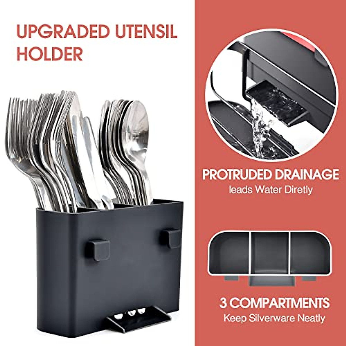 TOOLF Dish Drying Rack, 360° Swivel Spout Design Dish Rack with Drain Board for Kitchen Counter, Rust-Proof Dish Rack with Utensil Holder and Cup Holder for Tableware