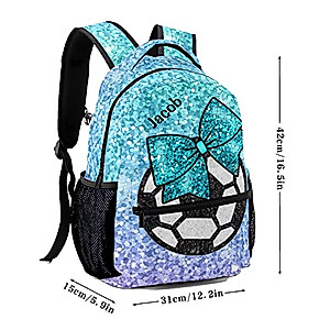 NZOOHY Blue Glitter Soccer Bow Personalized Kids School Backpack Custom for Boys Girls Primary Daypack School Bookbag Travel Bag