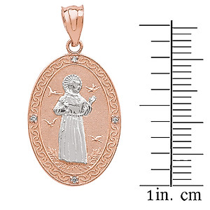 10k Two-Tone Rose Gold Saint Francis Of Assisi Diamond Oval Medal Charm Pendant (Medium)