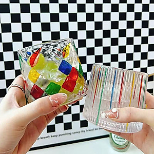 Jarler Wine Glass Crystal Whiskey Glasses Spinning Rocks Glasses with Rotatable Coaster, 9.2 Oz Hand Painted Colorful Old Fashioned Glass, Bar Tequila Glasses (Stripes, 1)