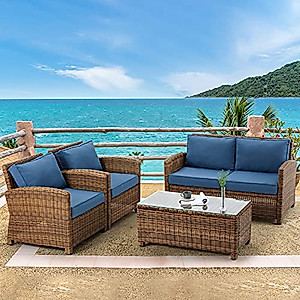 ECOTOUGE Rattan Coffee Table, Wicker Patio Tea Table, Rattan Patio Coffee Tables w/Glass Top