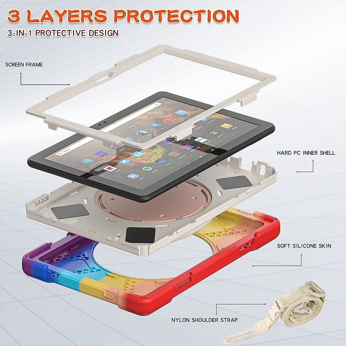 360 ° Rotation Portable Case for Fire HD 10 & 10 Plus Tablet (11th Generation, 2021 Release) Rugged Case Rotating Stand Hand Strap Shoulder Carrying Strap Outdoor Cover (Colourful Red)