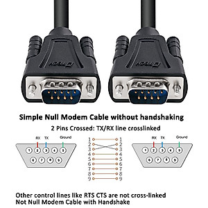 DTech 6ft DB9 to DB9 RS232 Serial Cable Male to Male Simple Null Modem Cord Cross TX RX line 2 Pin Crossed Without Handshake for Computer Data Communication (6 Feet, Black)