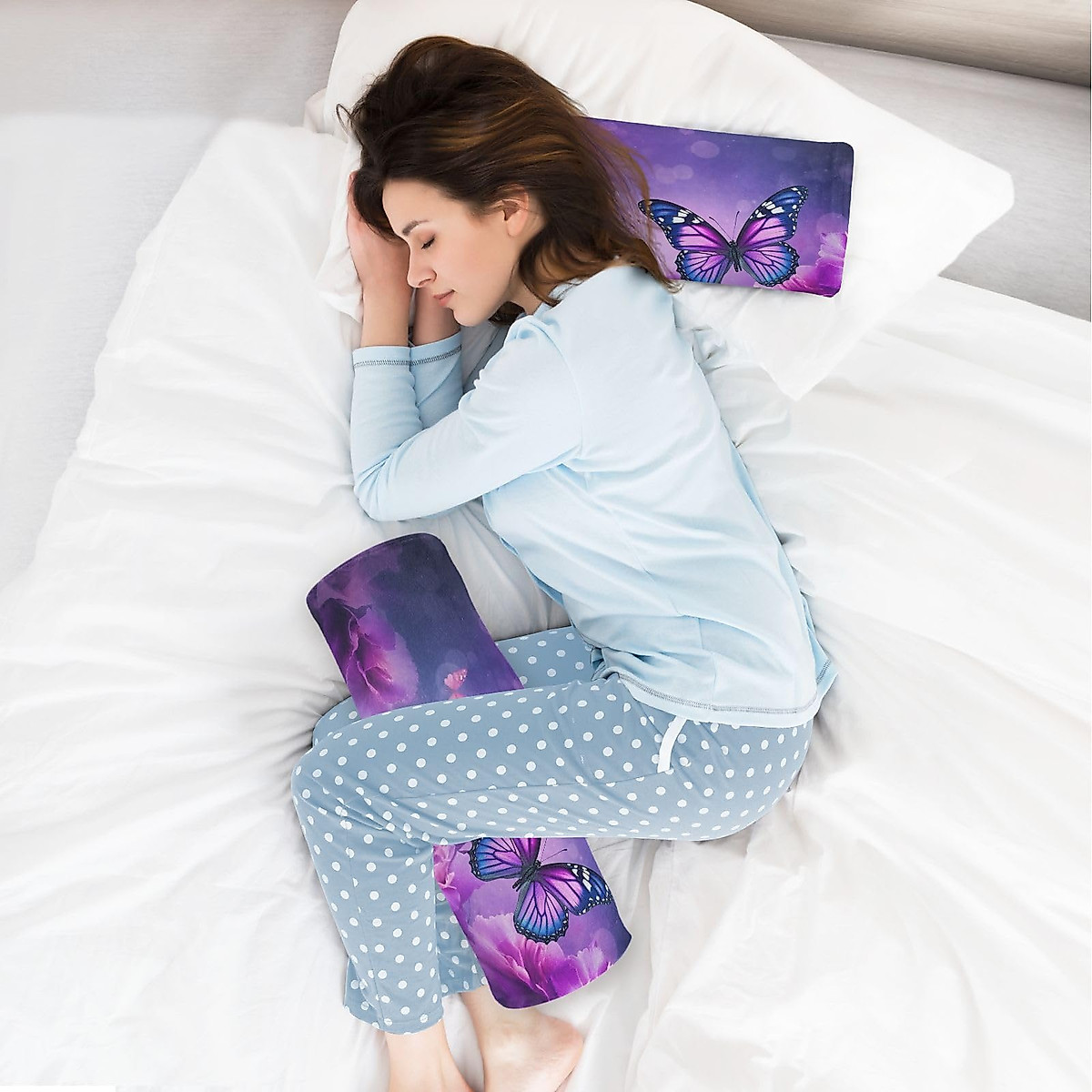 xigua Purple Butterfly Neck Roll Pillow for Neck Relief with Removable Washable Cover - Memory Foam Round Cylinder Bolster, Ergonomically Designed for Head, Neck, Back, and Legs