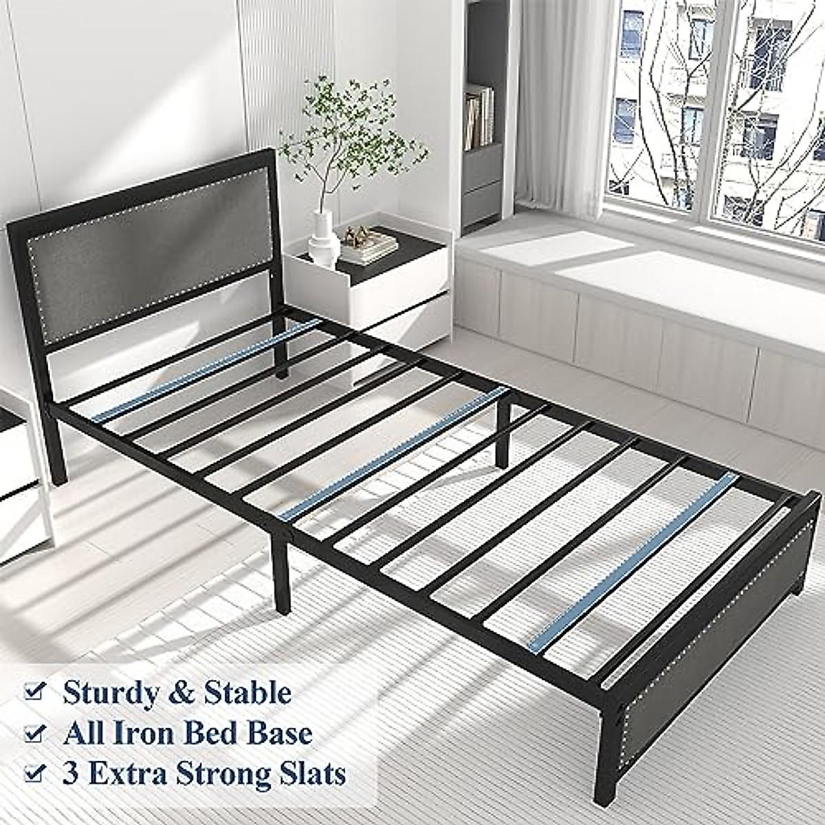 VECELO Twin Size Bed Frame with Linen Fabric Headboard and Footboard, Heavy-Duty Platform with Strong Steel Slats, No Box Spring Needed, Easy Assembly, Grey