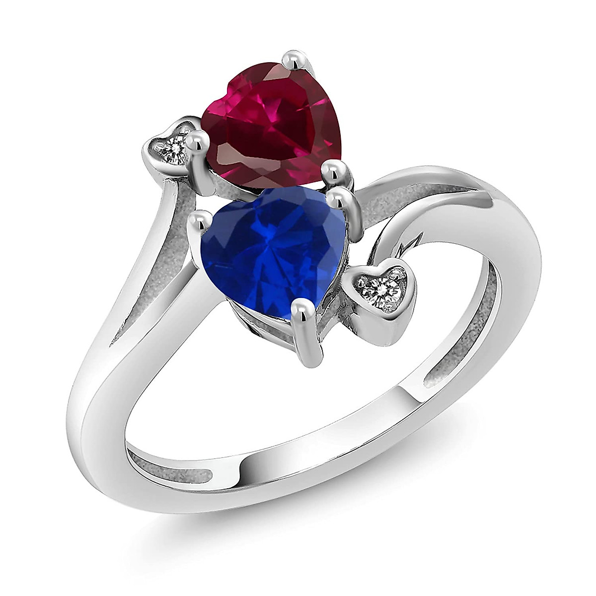Gem Stone King 925 Sterling Silver Red Created Ruby Blue Created Sapphire and White Diamond Ring For Women (1.80 Cttw, Heart Shape 6MM, Available In Size 5, 6, 7, 8, 9)