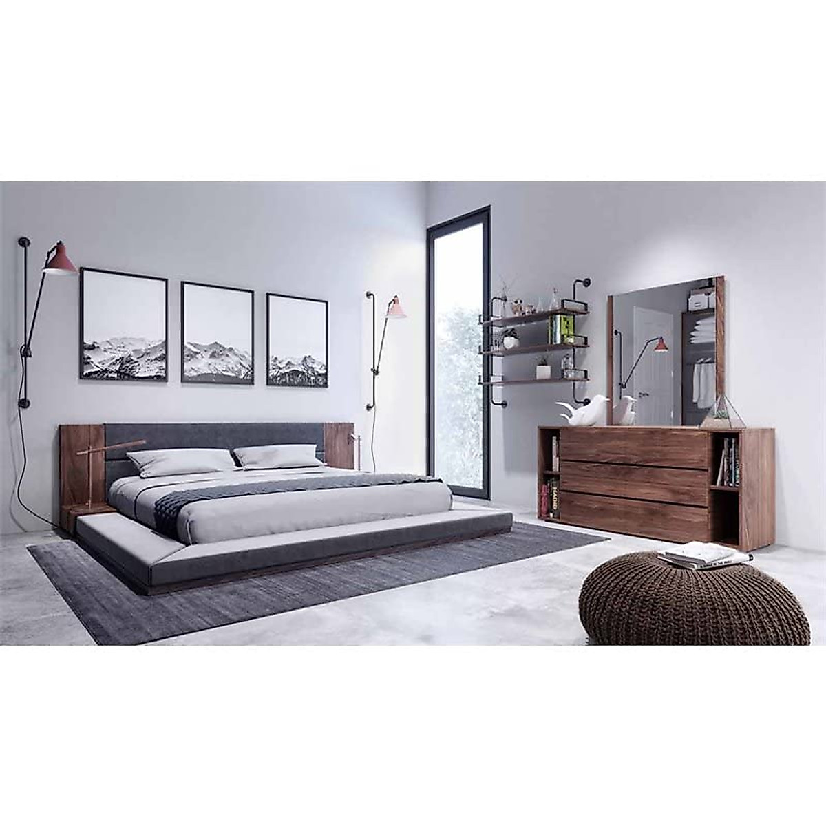 Limari Home Cimarron Collection Modern Fabric Upholstered Walnut Veneer Finished Platform Bed with Built-In Nightstands, Queen, Gray, Brown