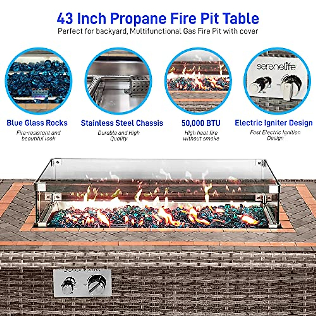 SerenelifeHome Outdoor Propane Fire Pit Table- 50,000 BTU Auto-Ignition Gas Fire Pit w/Glass Wind Guard, Black Tempered Glass Tabletop & Clear Glass Rock for Outdoor Cooking & Grilling - SLFPTIL49