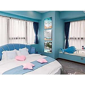 Enartly Beach Canvas Wall Art Coastal Turquoise Pictures Bathroom Decor Trees Paintings Sea Wave Blue Teal Ocean Vocation Bus Artwork Framed for Bedroom Living Room Dinning Room Decor 12"x16"x3 Panels