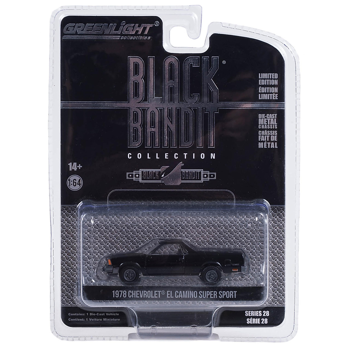 1978 Chevy El Camino Super Sport Black Black Bandit Series 28 1/64 Diecast Model Car by Greenlight 28130B