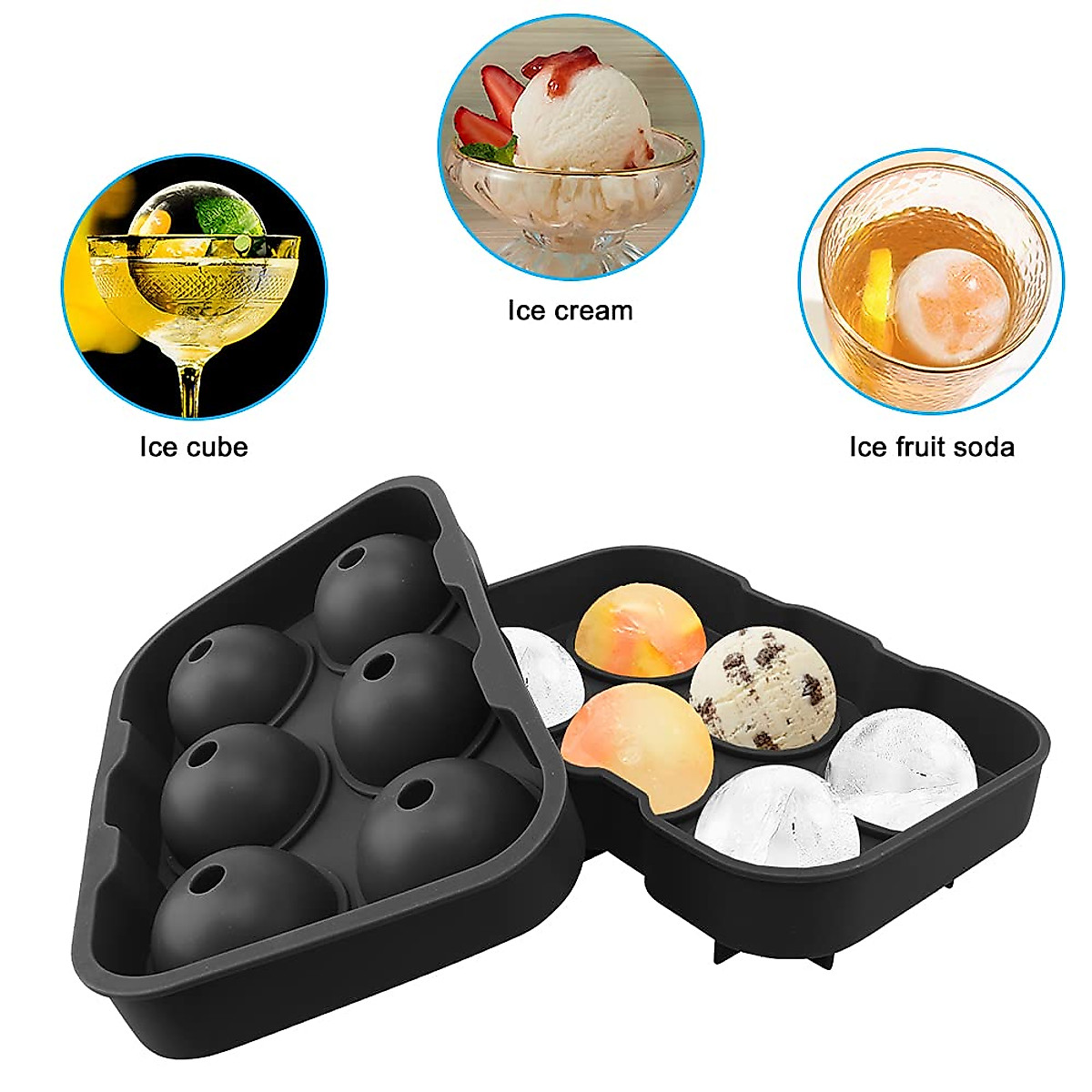 Silicone Ice Cube Trays Round Ice Cube Mold Spheres Ice Ball Maker (6 Round Ice Ball Black)