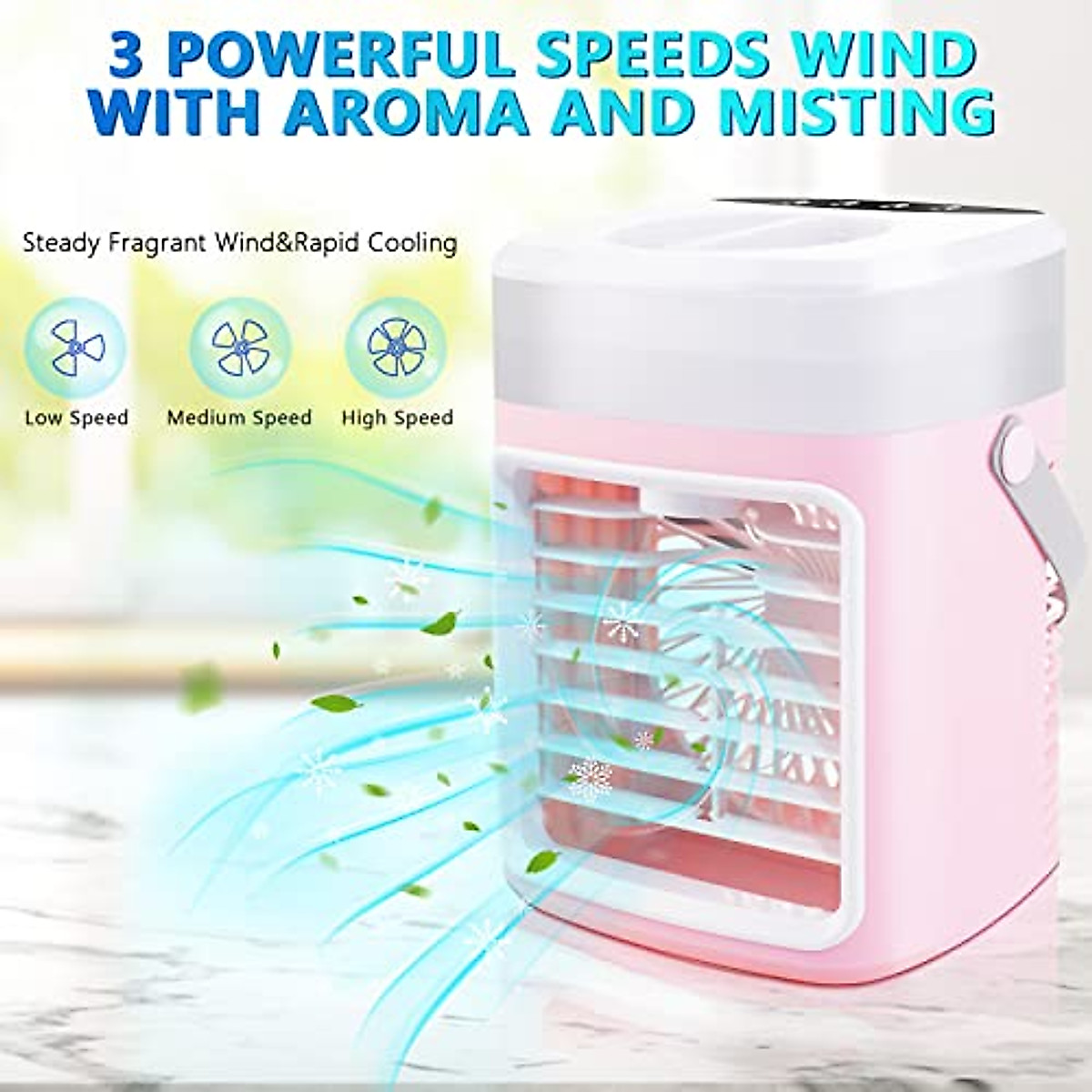 U-QE Portable Air Conditioner Fan, 3 Speed Timed Evaporative Air Cooler, Personal Air Conditioner with 7 LED Light, 2200mAH USB Rechargeable, Portable Evaporative Cooler for Room Home Office Camping