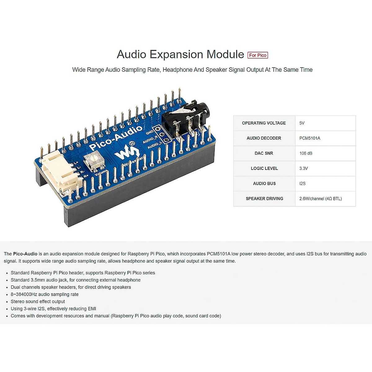 Bicool Audio Expansion Module for Raspberry Pi Pico, PCM5101A Low Power Stereo Decoder,8~384000Hz Sampling Rate, Dual Channels Speaker Headers,Using I2S Bus,HeadphoneSpeaker Output Concurrently