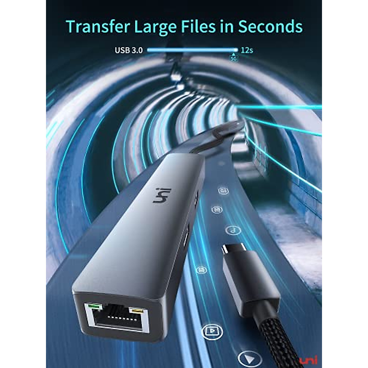 USB C Hub, uni 5-in-1 USB C to Ethernet Adapter Hub with 4K USB C to HDMI, 1Gbps Gigabit Ethernet Port, 3 USB 3.0 Ports (Aluminum Shell, Nylon Braided Cord) for MacBook Pro, iPad Pro, XPS and More