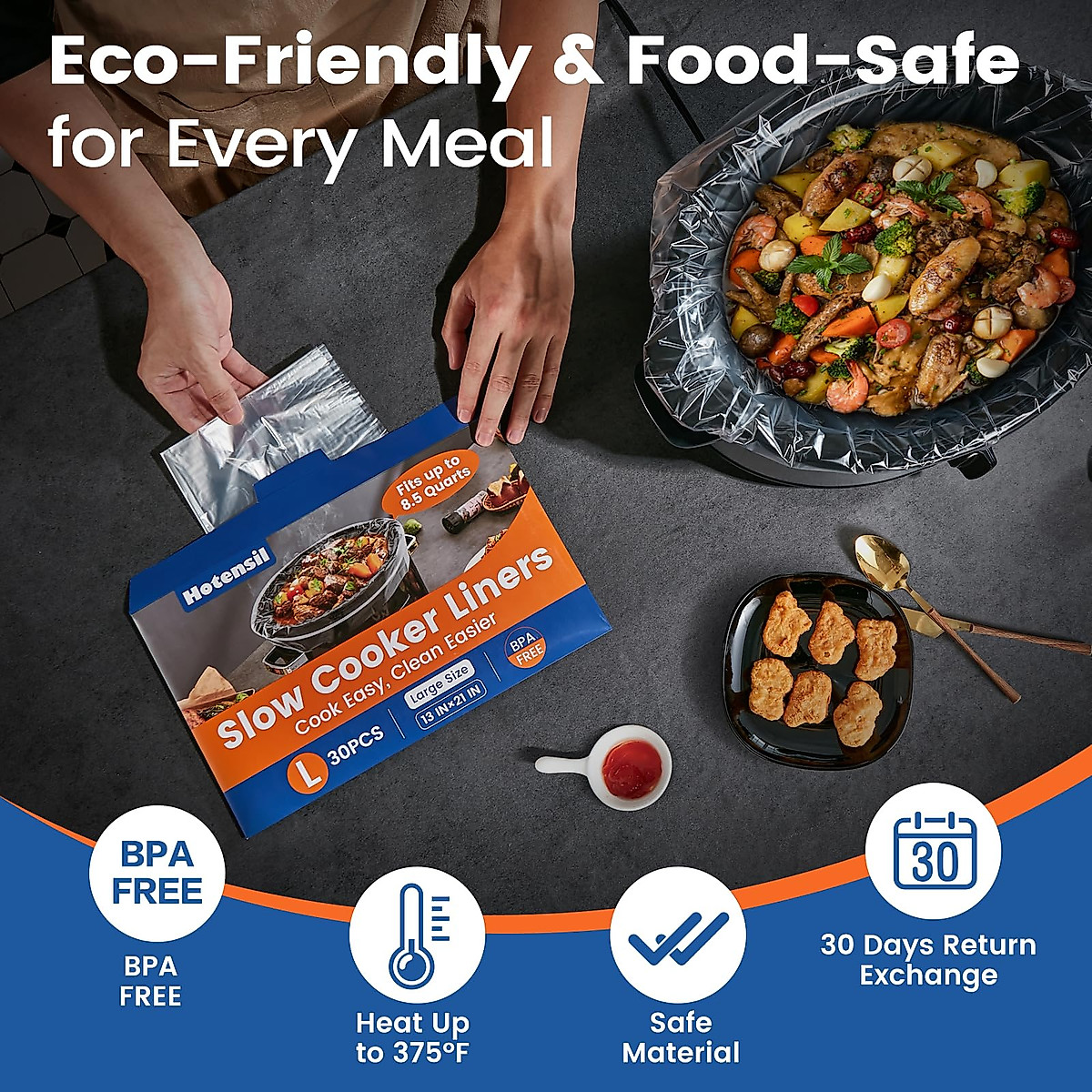 Slow Cooker Liners, Hotensil 13"x 21" 30 Count Cooking Bags Large Size Disposable Pot Liners, Fit 3QT to 8.5QT for Slow Cooker Cooking Trays, Multi-Purpose Durable Liners Plastic Bags, BPA Free