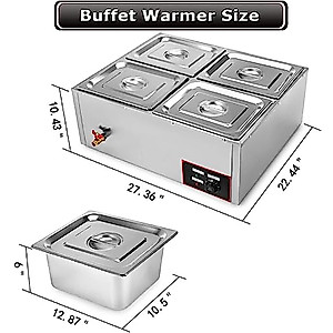 KFJZGZZ Countertop Food Warmer Stainless Steel Buffet Warmer, 4 Tray Temperature Range 30-85 °C, Electric Commercial Food Warmer Containers with Covers, Drain Tap for Catering and Restaurants