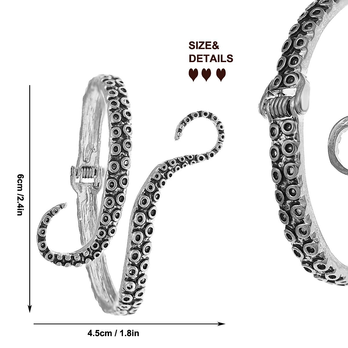 RechicGu Vintage Silver Octopus Tentacle Animal Sea Ocean Hinged Open Bracelet Bangle Cuff Scary Horror Goth