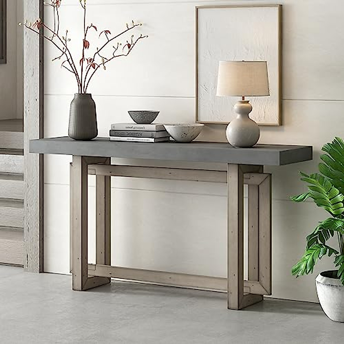 Hlcodca Contemporary Console Table with Industrial-Inspired Concrete Wood Top, Wood Legs, Extra Long Entryway Table for Entryway, Hallway, Living Room, Foyer, Corridor (Gray)