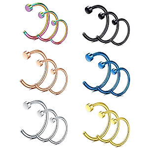 FIBO STEEL 18G-20G 18PCS Stainless Steel Body Jewelry Piercing Nose Ring Hoop for Women(6mix color 18pcs, 20G,6/8/10MM)