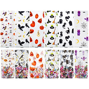 JOYIN 120 Pcs Halloween Cellophane Treat Bags, Halloween Trick or Treat Bags, Clear Plastic Goodie Gift Bags, Halloween Candy Bags for Party Favor Party Supplies