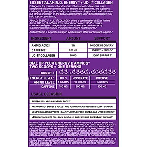 Optimum Nutrition Amino Energy + Collagen Powder - Pre Workout, Post Workout Muscle Recovery Energy Powder with Amino Acids, Vitamin C for Immune Support - Grape Remix, 30 Servings