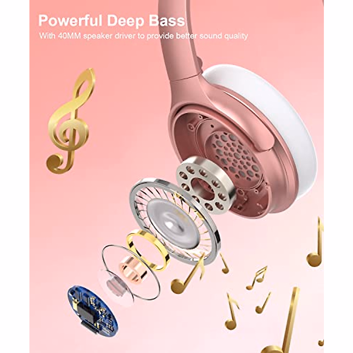 INFURTURE Rose Gold Active Noise Cancelling Headphones with Microphone Wireless Over Ear Bluetooth Headphones, Deep Bass, Memory Foam Ear Cups, Quick Charge 40H Playtime, for TV, Travel, Home Office