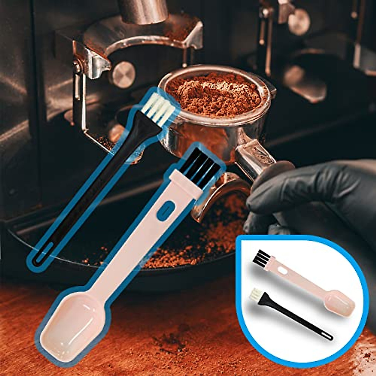 PURIMADE 7 Pcs Coffee Machine Cleaning Brush, Espresso Machine Brush with Detachable Head, Wooden Plastic Brush with Bristles for Grinder, Plastic Spoon with Brush & 2Pcs Espresso Steam Wand Brushes