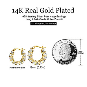 Allencoco Cubic Zirconia Huggie Hoop Earrings - Jewelry For Women, 14K Gold, 925 Sterling Silver Post Hypoallergenic (18K Gold CZHoop 19mm)