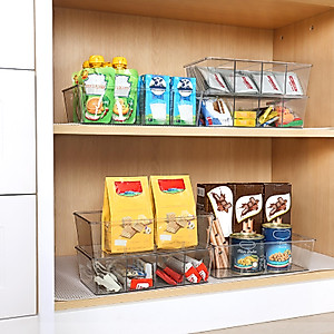 Moretoes 6 Pack Clear Plastic Storage Bins with Dividers, Food Storage Organizer Bins for Pantry Kitchen Fridge Cabinet Organization, 4 Compartment Holder for Organize Packets Spices Pouches Snacks