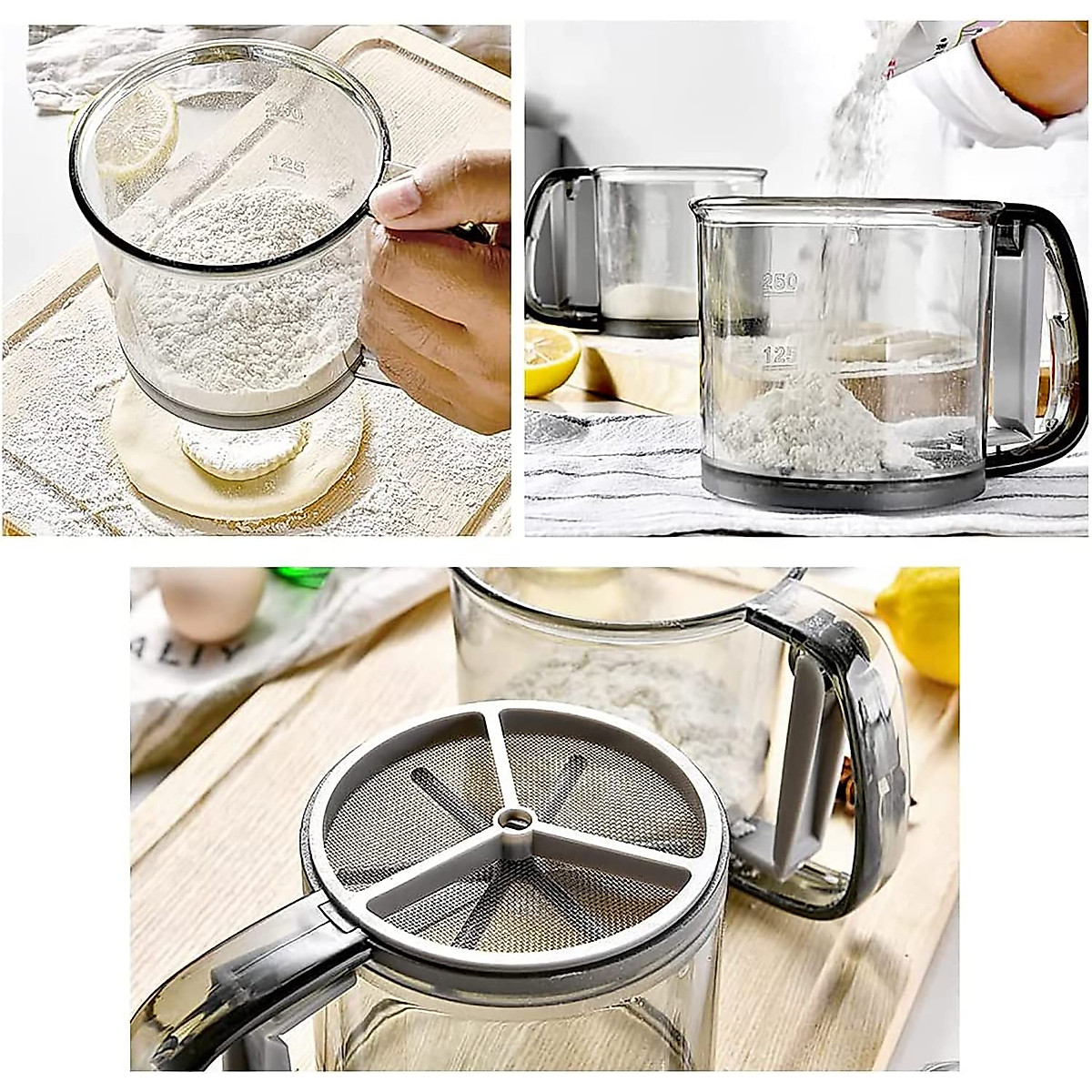 Flour Sifter,Sifter for Baking,Flour Sieve with Hand Press Design,3 Cup Capacity Fine Mesh Kitchen Cooking Sieve Tools for Cooking,BPA Free,Gray (Grey Sifter)