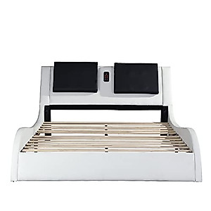 Upholstered LED Bed Frame, King Size Smart LED Platform Bed Frame with Curve Design and Headboard, Wooden Slats Support, No Box Spring Needed, White