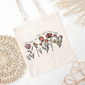 Glowave Canvas Tote Bag with Flower Pattern Teacher Tote Bag Beach Bag Cute Shopping Bags Shoulder Bag Reusable Grocery Bags