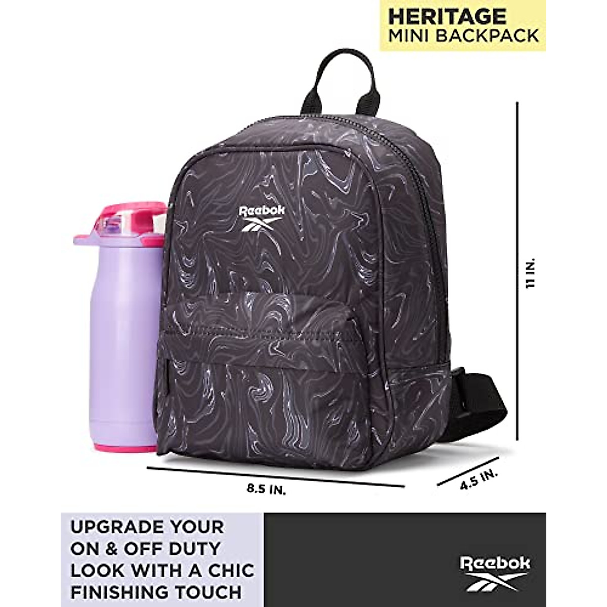 Reebok Women's Backpack - Heritage Lightweight Mini Shoulder Purse - Travel Gym Bag, Black Abstract